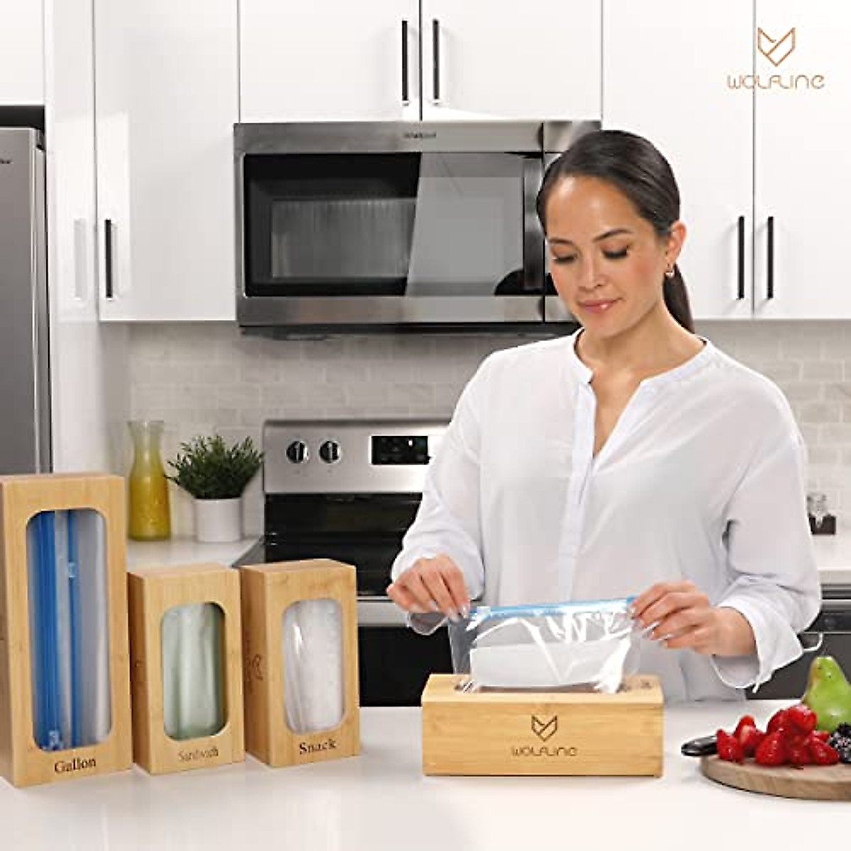 Wolfline Ziplock Bag kitchen drawer organizer, Bamboo plastic bag holder, Premium food storage bag organizer for gallon quart sandwich and snack, Bigger box size for quart slider bags, Silicone grip pad, 4pcs bamboo drawer organizer