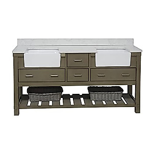 Kitchen Bath Collection Charlotte 72-inch Double Farmhouse Vanity (Engineered Carrara/Weathered Gray): Includes Weathered Gray Cabinet with Engineered Carrara Countertop and White Ceramic Apron Sinks