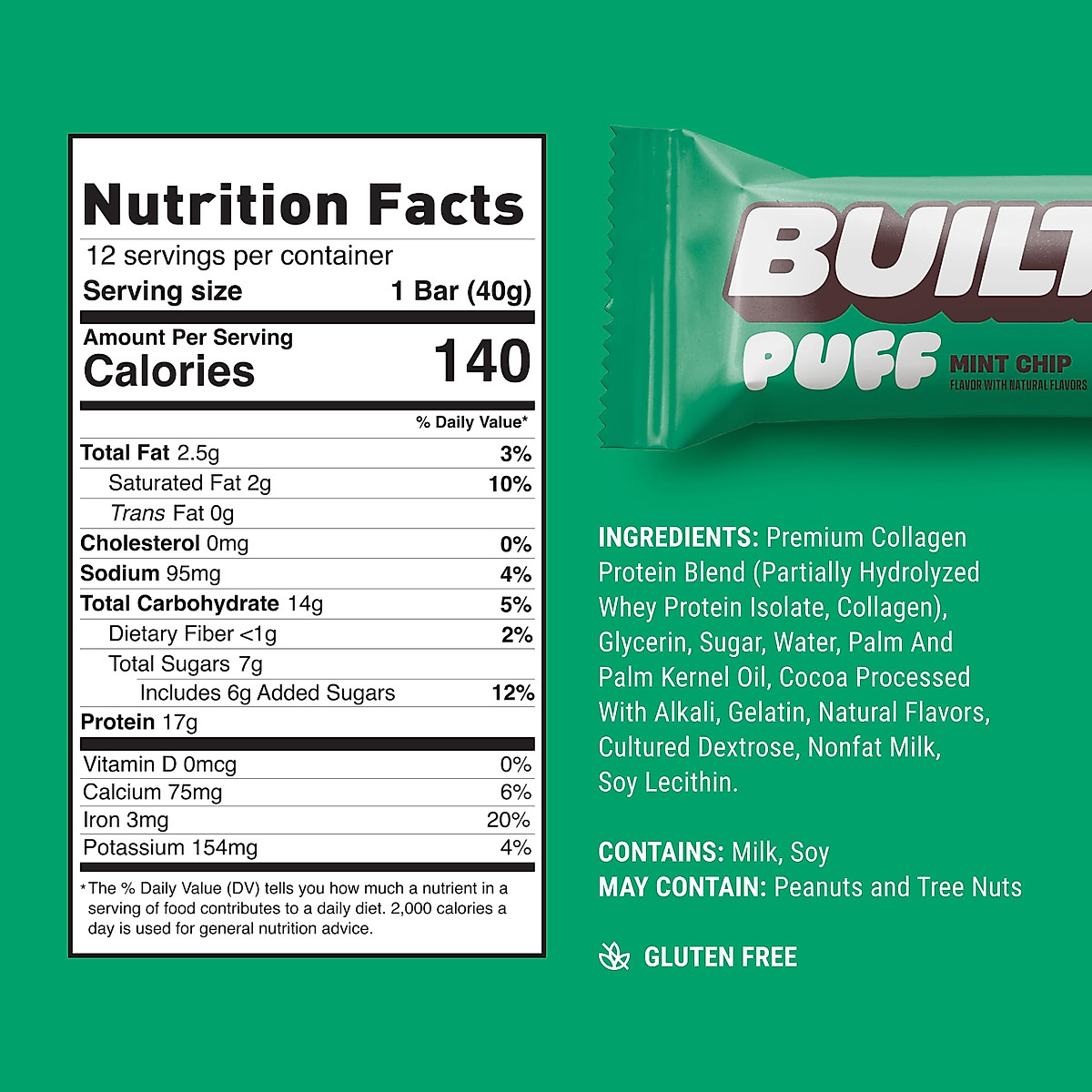 Built Bar, Puff Protein Bars, Mint Chip Puff, 17g Protein Snacks, On-The-Go Bars, Only 140 Calories, 6g Sugar, Collagen, Gluten Free, 12 Count