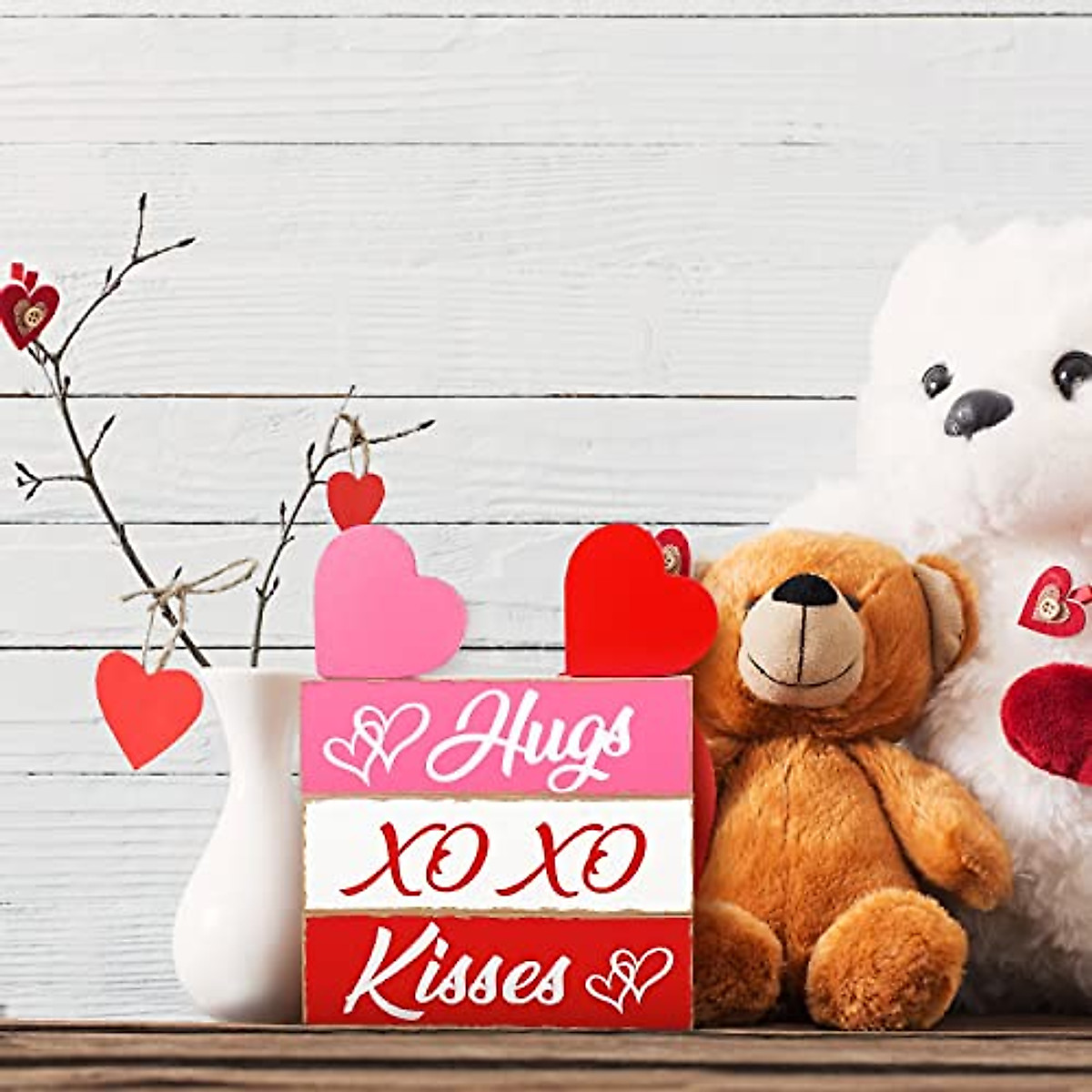 5 Pcs Valentine's Day Decorations Wooden Heart Blocks Signs Hugs Kisses Valentines Sign Decorations Gift Tiered Tray Decor Wood Heart Shape Wedding Decorations for Home Farmhouse (Heart)