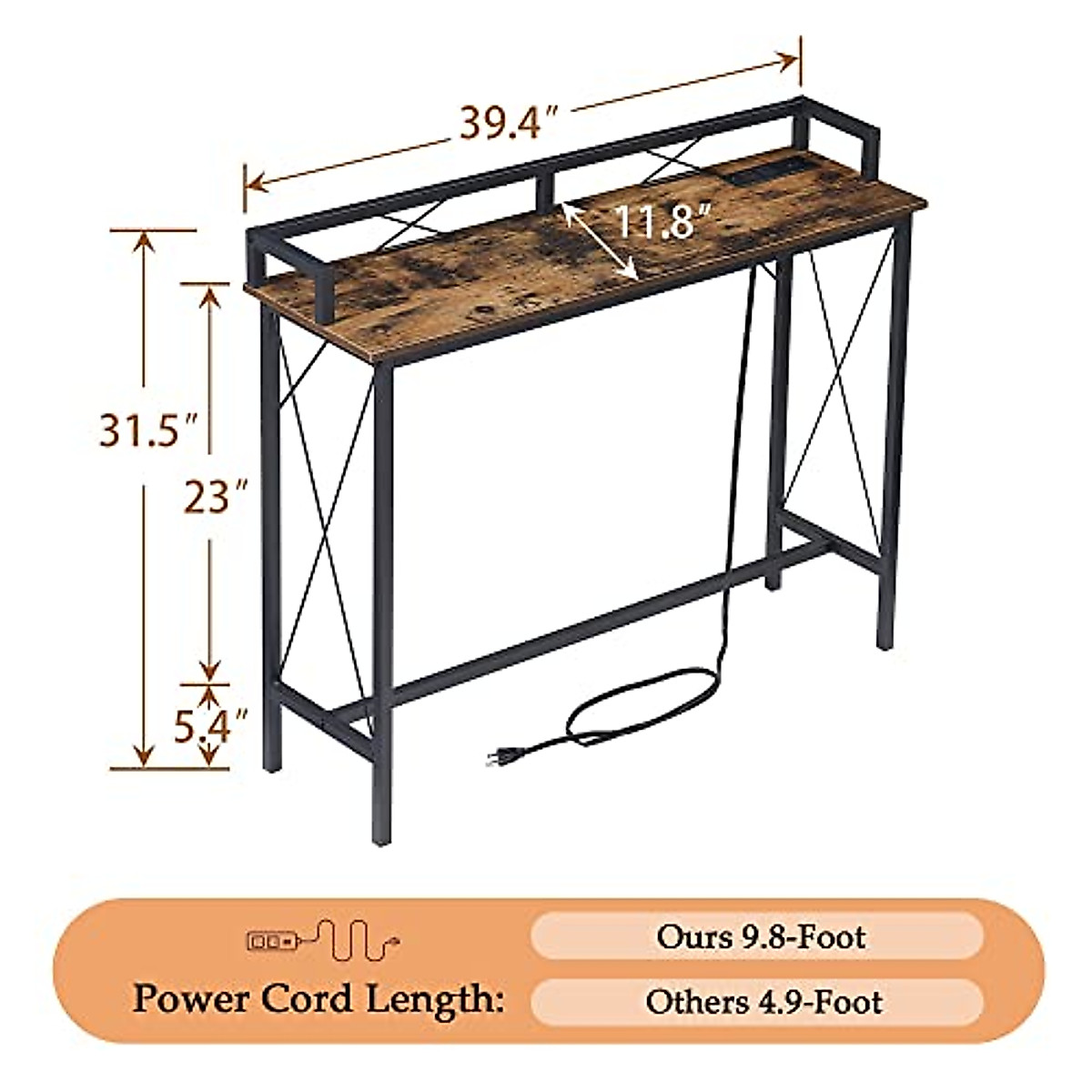 VECELO 39.4" Couch Side & Console Table with 2 Outlet and 2 USB Ports, Narrow Entryway Furniture with Baffle, Extra Long 9.8 Feet Power Cord and Rest Rails, 39.42" L x 11.8”W x 31.5" H, Brown