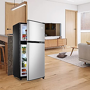 KRIB BLING 3.5Cu.Ft Compact Refrigerator Mini Fridge with Freezer, Small Refrigerator with 2 Door, 7 Level Thermostat Removable Shelves for Kitchen, Dorm, Apartment, Bar, Office Silver