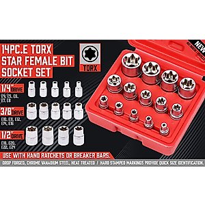 SEDY 14-Piece E-TORX Socket Set - Premium Female Torx Socket Set, Ultimate Star Socket Set, Torque Socket Set, External Torx Socket Set, E4 E5 E6 E7 E8 E10 E11 E12 E14 E16 E18 E20 E22 E24 Socket Set