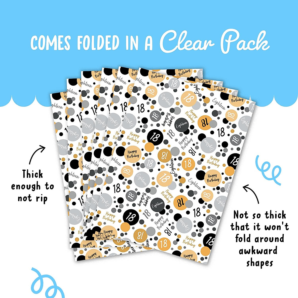 CENTRAL 23 Girls Wrapping Paper - 6 Sheets of Gift Wrap - 18th Birthday Wrapping Paper for Men Women - Black Gold - Dots - Age 18 - For Friends - Comes with Fun Stickers