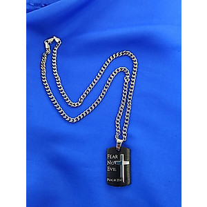 Spirit & Truth Fear No Evil Guardian Shield Cross Stainless Steel Necklace with High Polished Angle Cross Embedded into the Padlock Pendant on Curb Chain Psalm 23:4 (20)