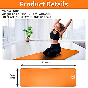 Primasole 1/2" Thick Padded NBR Yoga Mat, 72"x24" Textured Exercise Mat with Carry Strap & Case - 6 Colors, Lightweight Portable(2.1lbs) for Yoga, Pilates, Home & Gym
