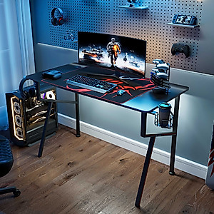 It's_Organized Gaming Desk 47 inch K-Frame Design Computer Desk, Home Office Desk Table Professional Gamer Workstation with Cup Holder Headphone Hook Controller Stand Free Mousepad, Black