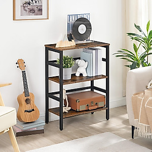 HOOBRO 3 Tier Bookshelf, 23.6"L Industrial Bookcase, Record Storage Rack with Side Fence, Wood Storage Shelf with Metal Frame, Rustic Open Display Shelf for Living Room, Bedroom, Rustic Brown BF86CJ01