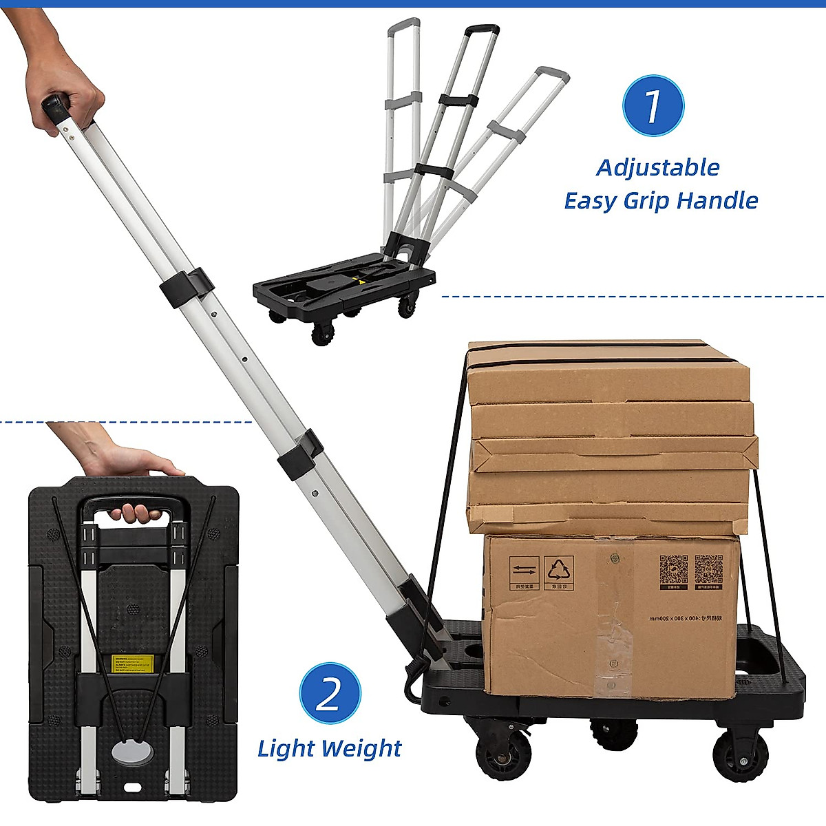 YooMoo Folding Hand Truck 5-Wheel Folding Trolley,Fold Up Luggage Utility Dolly,Heavy Duty Trolley Cart,Stretchable Platform Cart for Home Office Car Travel Luggage Moving