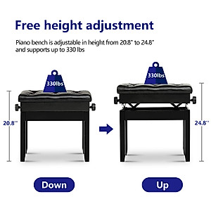 Iwell Piano Bench, Adjustable Piano Bench with Padded Cushion and Storage Compartment for Music Sheet, Music Bench, Piano Stool, Vanity Chair, Black