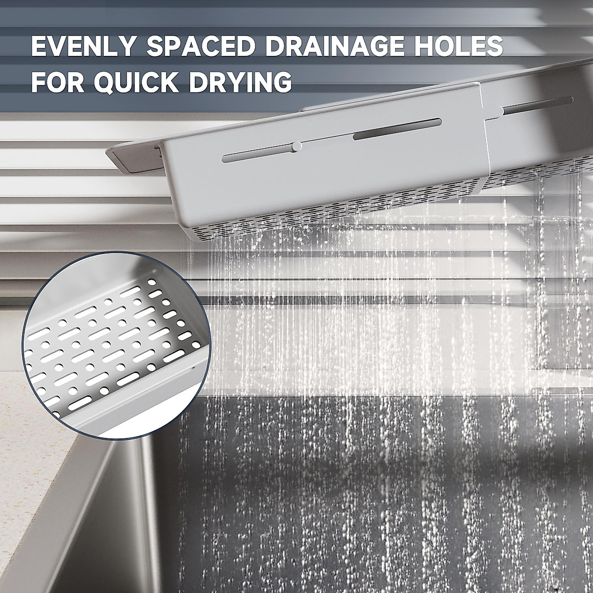 NiHome Extendable Over Sink Kitchen Organizer, Telescopic Sink Storage Rack for Sponge, Non-Slip Pads Expandable Sink Caddy, Adjustable Sponge/Brush Rack with Drainage Durable ABS Material (Grey)