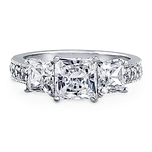 BERRICLE Sterling Silver 3-Stone Wedding Engagement Rings Princess Cut Cubic Zirconia CZ Promise Ring for Women, Rhodium Plated Size 7