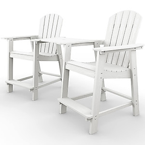 YEFU Balcony Chair, Tall Adirondack Chair Set of 2 with Connecting Tray, Poly Lumber Adirondack Chair Bar Stools, Patio Stools, 380lbs, Weather Resistant for Outdoor Deck Lawn Pool Backyard-White