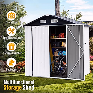 LAUSAINT HOME 6x4FT Outdoor Storage Shed, Large Waterproof Storage Tool Bike Sheds & Bulidings with Lockable Door for Backyard, Garden, Patio Lawn, Galvanized Steel, White