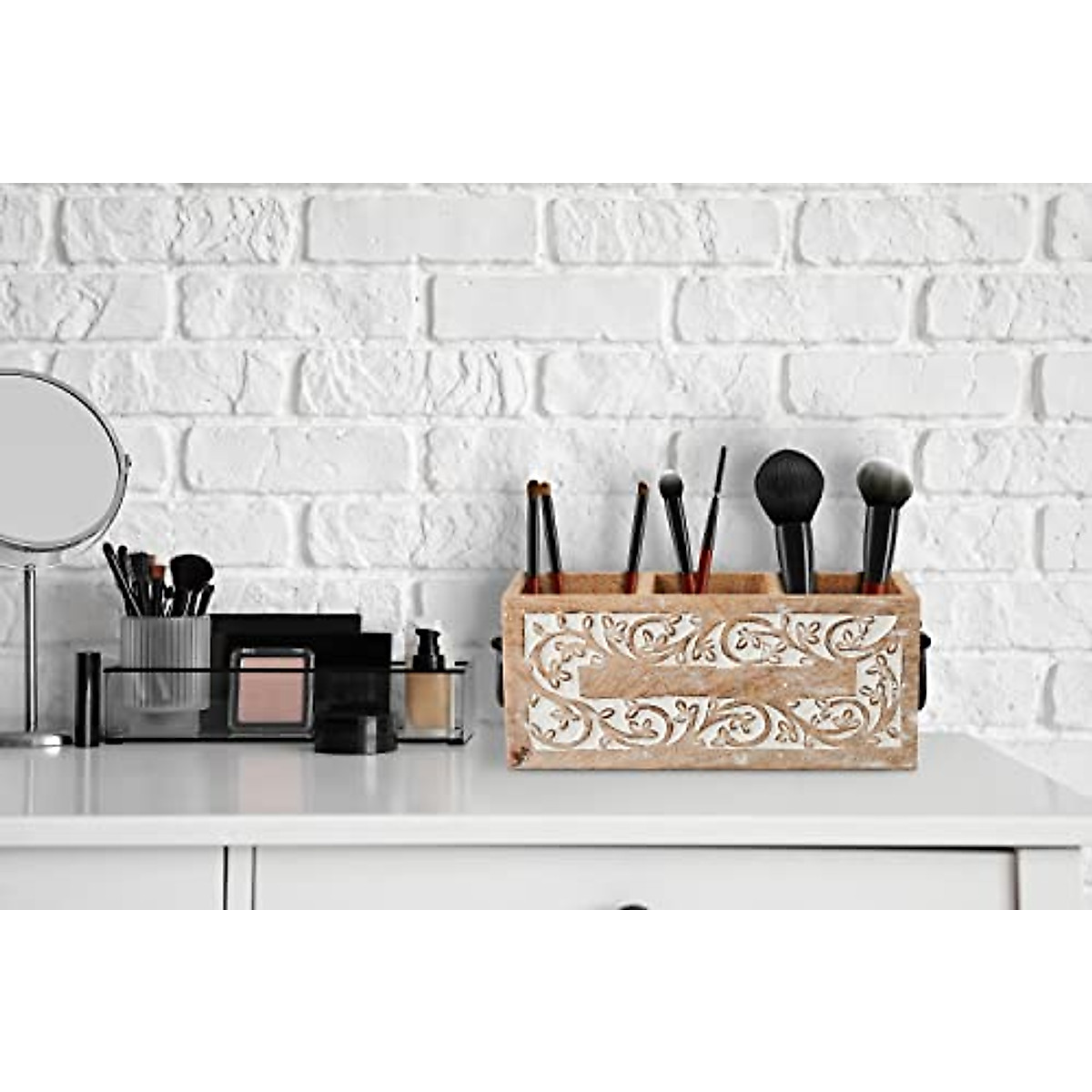 Wooden 3 Compartment Makeup Desk Organizer Flatware Utensil Caddy Cutlery Holder for Party CTH01 Storing of Makeup Tools, Small Accessories at Home & Office Vanities & Bathroom Counter-top