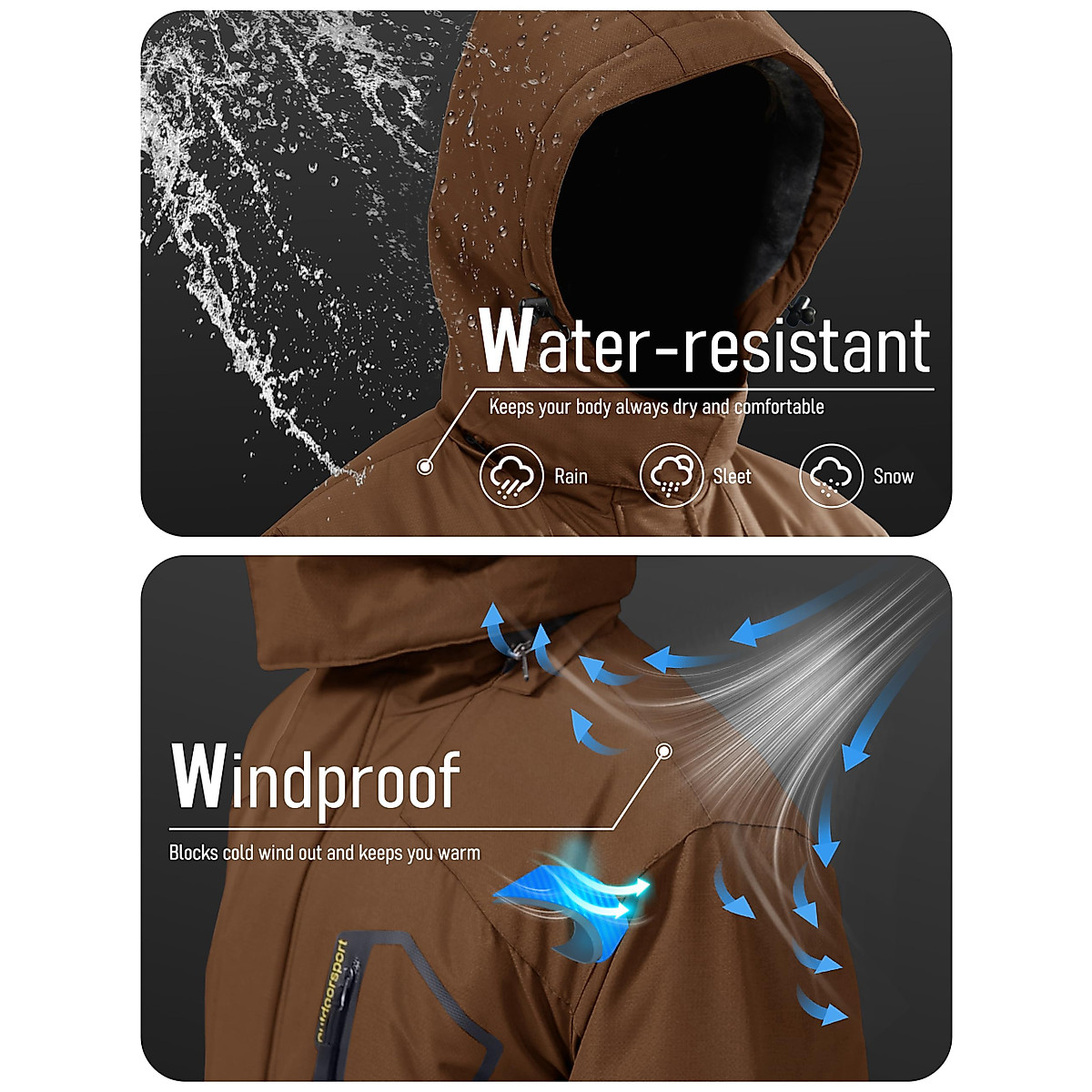 MAGCOMSEN Rain Jacket Men Rain Coats Warm Snow Jacket Waterproof Jacket Snowboarding Jacket Ski Jacket Skiing Jacket Winter Coat for Men Windbreaker Mens Parka Brown