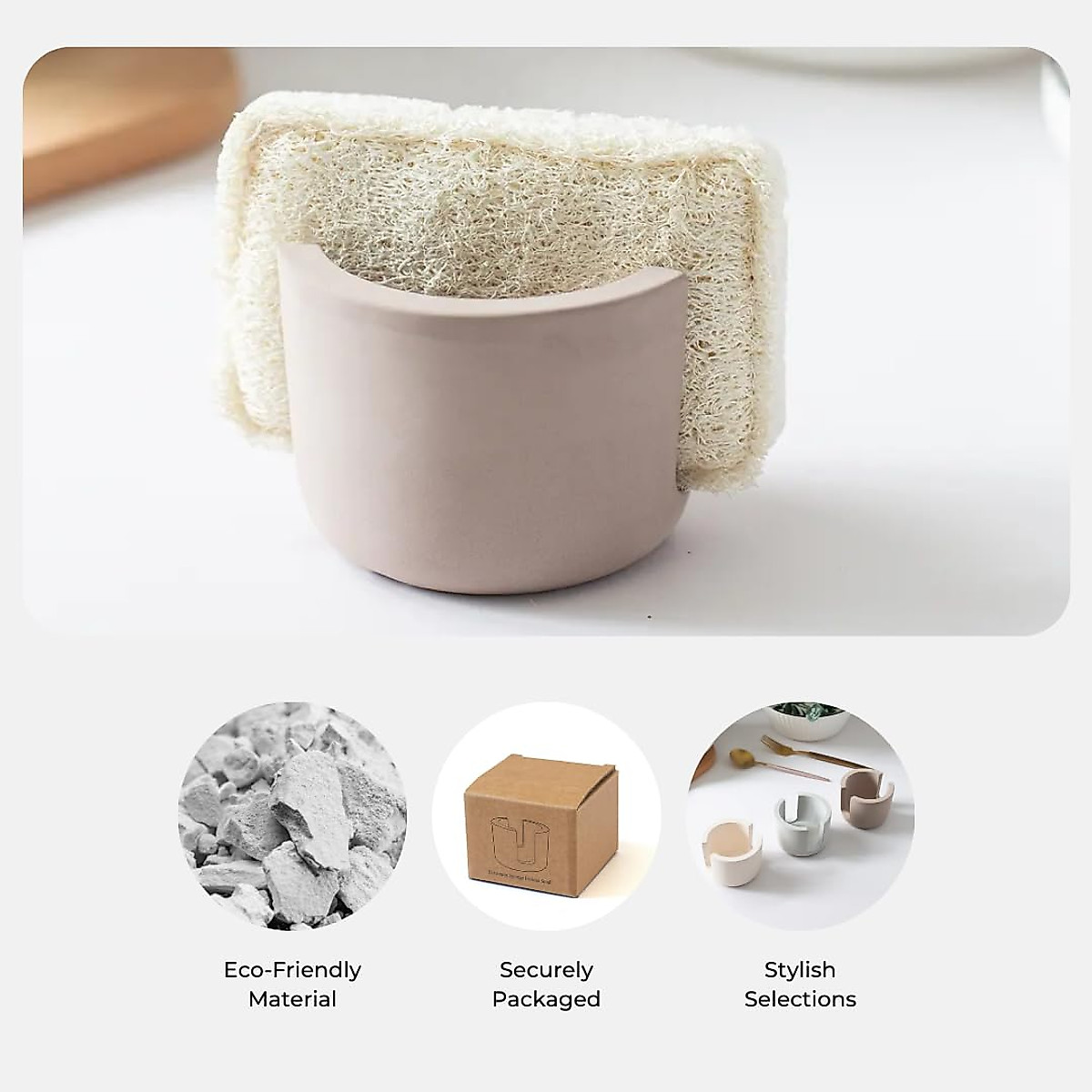 Selegna Diatomaceous Earth Sponge Holder - Drying Rack, Absorbent Stone Kitchen Sink Organizer, Beige (Small)