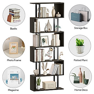 Yusong S Shaped Bookshelf, Modern Geometric Bookcase, 6-Tier Black Display Case Book Shelf