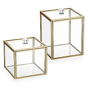 Hipiwe 2 Pack Glass Qtip Holder Dispenser With Lid Gold Bathroom Containers for Cotton Balls Makeup Sponges Bath Salts Candles Vanity Canisters Countertop Storage Organizer Jar