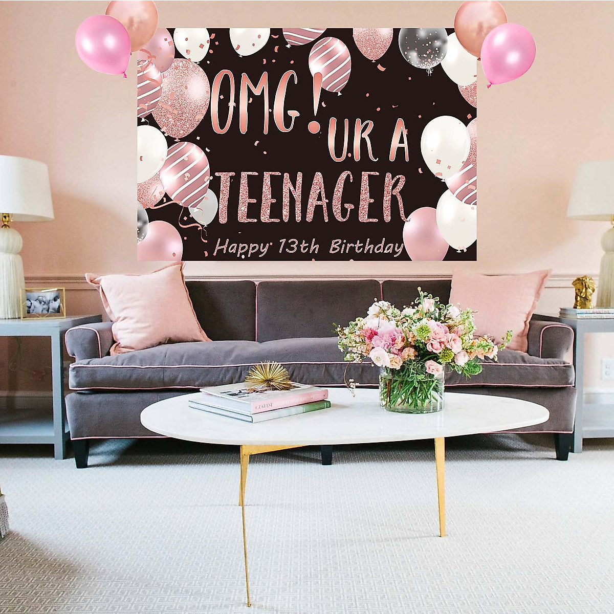 13th Birthday Backdrop Banner, OMG UR a Teenager 13th Birthday Photography Background Black and Rose Gold, 13 Year Old Girls Birthday Party Backdrop Poster Fabric 5x4ft