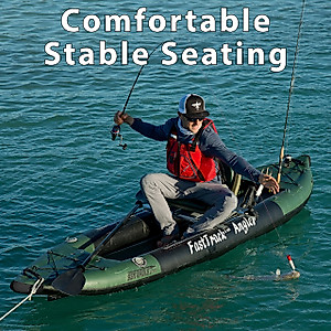 385FTA FastTrack Angler 1–2-person Inflatable Green Fishing Kayak-Rigid Keel, Rugged, Drop Stitch Floor w/Seat(s), Paddle(s), Pump & Bag (385FTA FastTrack Angerl Swivel Seat Fishing Rig Kayak)