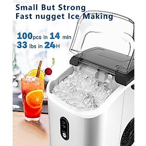 Kndko Nugget Ice Maker Countertop,33lbs/Day, Pellet ice Maker,a Basket in 1.5 Hour, Self-Cleaning, One-Click Design, Compact Crushed Ice Maker with Chewy Ice for Home Bar Party，Silver