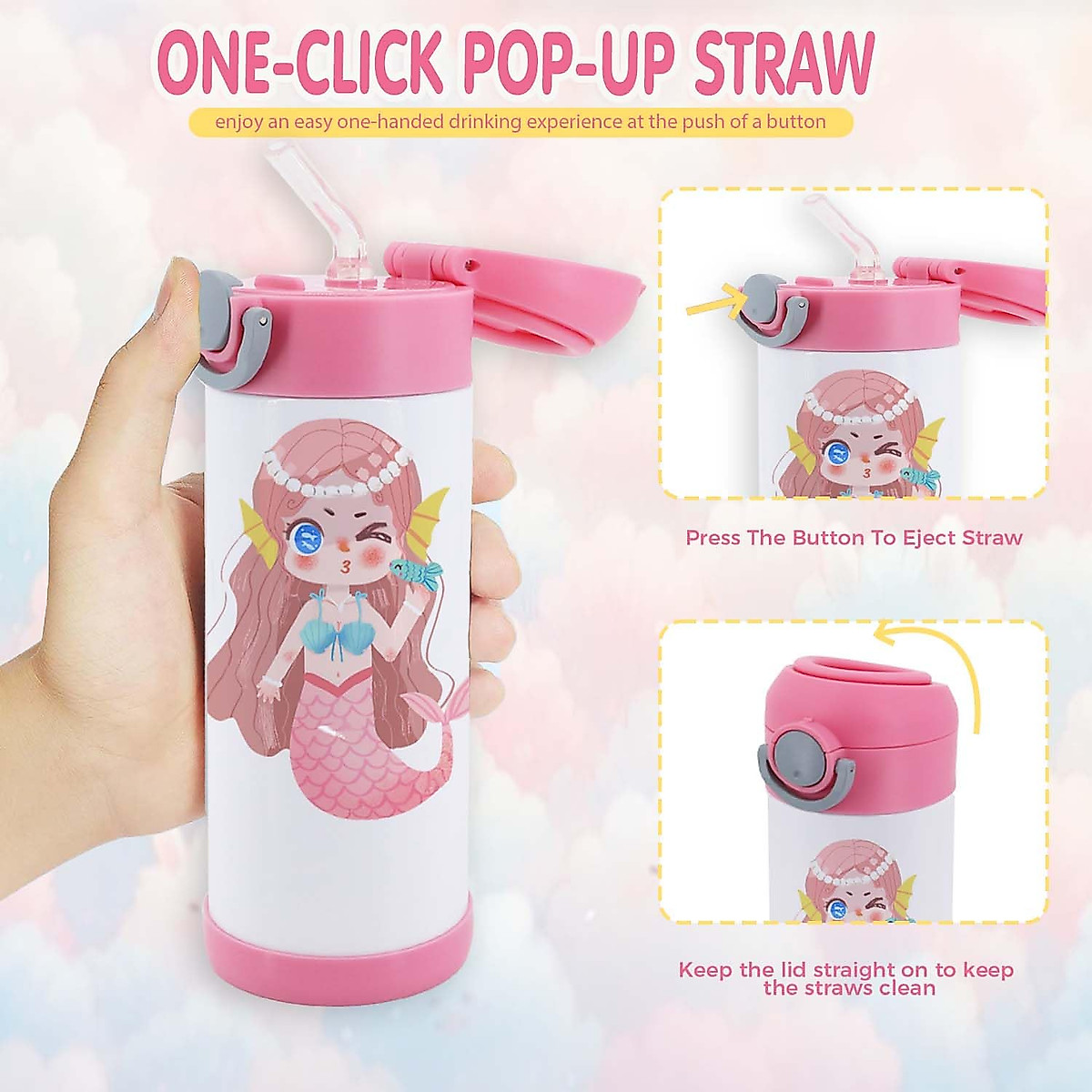 HIZEE 12 oz 6 Pack Sublimation Tumbler Straw Sippy Cup Blank with Straw and Lid,Mixed coloer Spill Proof Stainless Steel Thermos Water Bottles for School