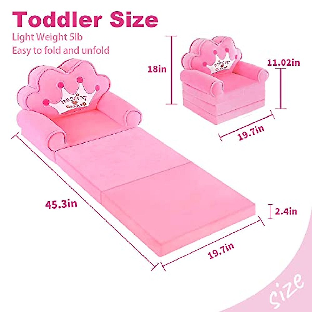 MOONBEEKI Kids Couch Fold Out, Foldable Princess Chair for Toddlers 1-3, Sofa Bed for Kids Folding Toddler Bed Lounger Chair for Bedroom, Toddler Couch Bed for Girl (Pink)