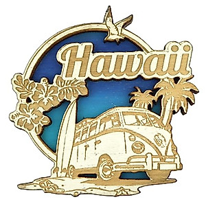 Wooden Hawaii Fridge Magnet, Van and Palm Trees Laser Cut Details, Vacation Souvenir Magnetic Accessory, 2.5 Inches