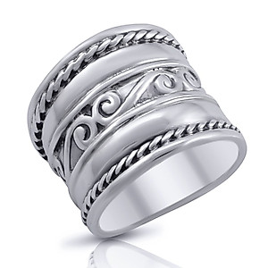 Sterling Silver Bali Spiral Swirl 17mm Wide Cigar Band Ring - Size 10