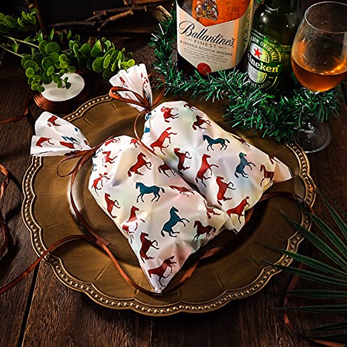 100 Pieces Horse Cellophane Bags Horse Racing Treat Bags Animal Party Goodie Bags with A Roll of Brown Ribbon for Chocolate Candy Snacks Cookies, Cowboy Cowgirl Horse Themed Party Supplies