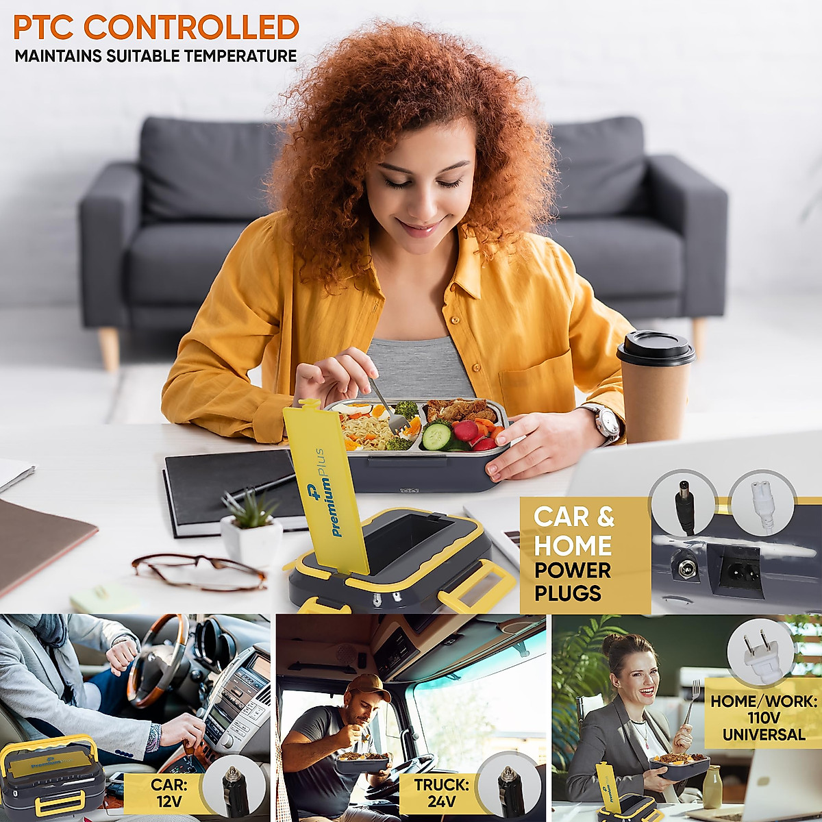 PREMIUMPLUS Electric Lunch Box Food Heater- Portable Food Warmer with Carrying Bag, Fork & Spoon- Lunch Box Warmer Portable for Work Car Truck- 1.5L Crockpot Lunch Warmer- 60W 12V/24V/110V (Purple)