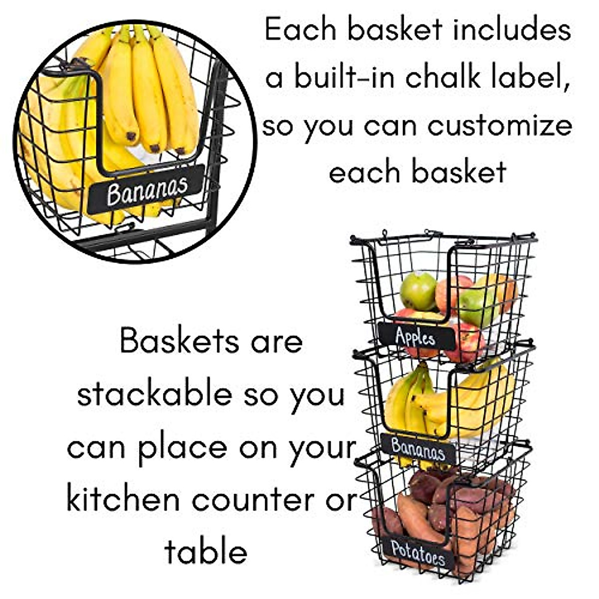 BIRDROCK HOME 3-Tier Wire Market Basket Stand with Chalk Label - Snack Fruit Vegetable Produce Metal Hanging Storage Bin for Kitchen Pantry - Free-Standing or Stacking Organizer - Black
