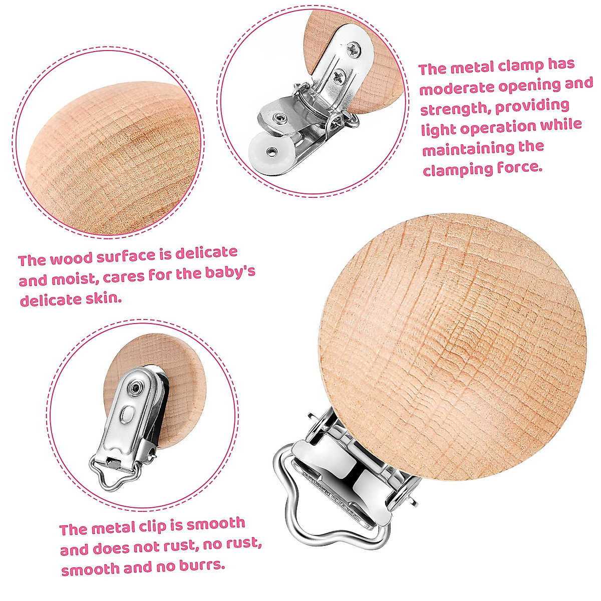 30 Pieces Natural Beech Wood Pacifier Clips Teething Grasping Toy Suspender Clips Wood Pacifier Clip Holder Charm DIY Clips (30 Pieces)