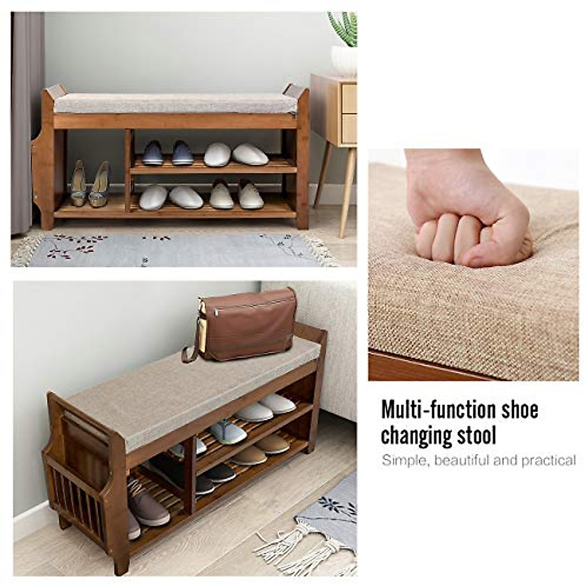 YUSING Bamboo Shoe Rack Bench with Removable Cushion, 2 Tier Entryway Shoe Storage Organizer Shelf with Hidden Drawer and Umbrella Stand for Bedroom, Living Room and Bathroom (Large)