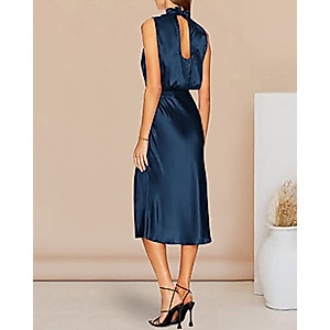 PRETTYGARDEN Women Summer Formal Mock Neck Sleeveless Satin Dress Elastic Waist Slit Midi Wedding Guest Dresses 2023(Solid Dark Blue,Large)