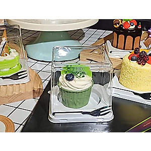 COLOSWIN 12 Pack Clear Plastic Cupcake Boxes Mini Cake Box Baking Box Disposable Round Single Cupcake Containers stand holder box with 3D Cake Mold Fork Rose-Gold Ribbon Gift Boxes for Birthday Anniversary