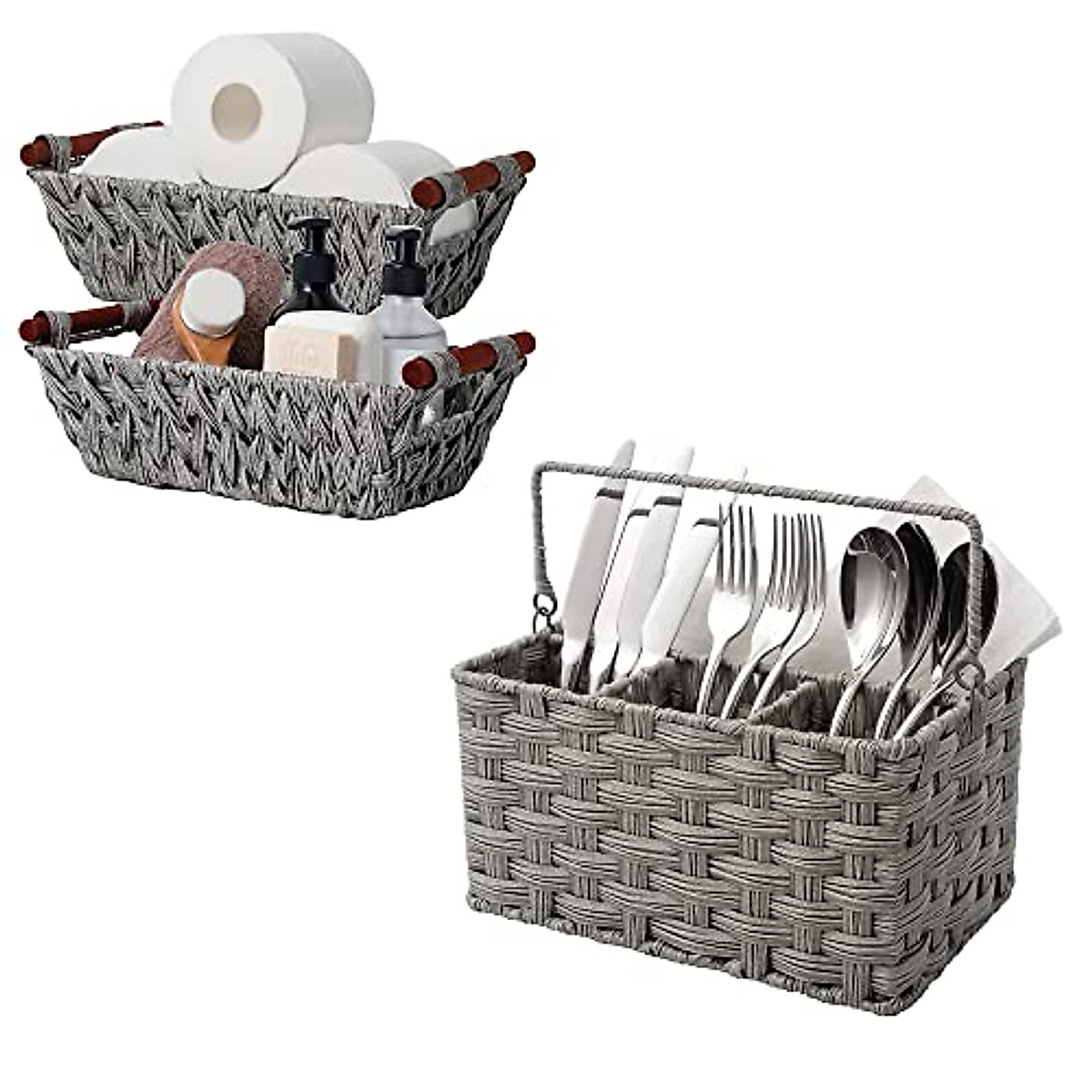 GRANNY SAYS Bundle of 2-Pack Gray Bathroom Decor Baskets & 1-Pack Plastic Cutlery Organizer