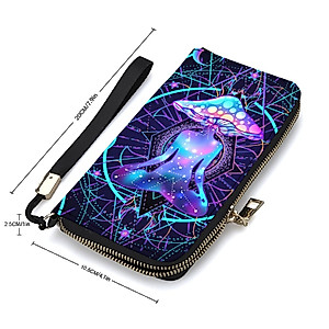 Women's Clutch Wallet Bag,Psychedelic Magic Mushrooms over Sacred Geometry Long Leather Wallets with Wristlet Strap Zipper Around Credit Card Holder GIft-TPU Durable Shockproof Lightweight Waterproof