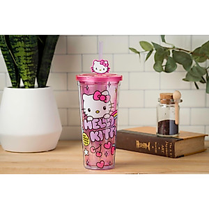 Silver Buffalo Sanrio Hello Kitty Kawaii Cute Hearts and Sparkle Plastic Cold Cup with Lid and Straw Topper, 24 Ounces
