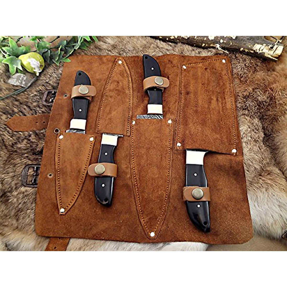 4 Pieces Chef Knives Set, Slicer, Chef, Cleaver Overall 37 inches Full Tang Hand Forged Damascus Steel Blade, Custom Made Leather Sheath