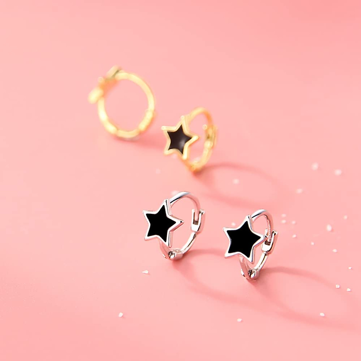 Reffeer Solid 925 Sterling Silver Black Star Huggie Earrings Hoops for Women Small Star Hoop Earrings Cartilage Helix Earrings (B-18K Gold)