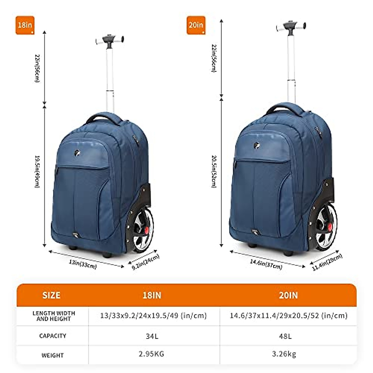 Glodiar AOKING 18/20 Inch Big Wheeled Water Resistant Travel Business Rolling Wheeled Backpack with Laptop (20 inch, Blue)