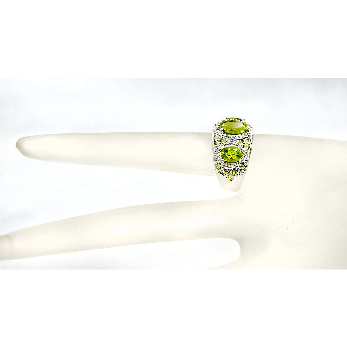 RB Gems 925 Sterling Silver Ring Genuine Gems 3-Stone-Style, Oval 9x7 mm and 7x5 mm, 5 Carats with Rhodium-Plated Finish (Peridot, 7)