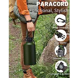 DIGJUPER 64OZ Vacuum Insulated Water Bottle - Keep Hot Cold Vacuum Flasks with Straw & Spout Lids, Paracord Handle, Water Bottler Carrier Holder & Protective Cup Mat, 1.8L Stainless Steel Water Jug