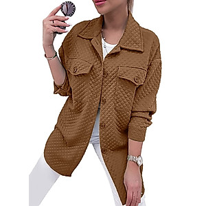PRETTYGARDEN Women's 2024 Winter Jackets Lapel Coat Outerwear Casual Long Sleeve Button Down Blouse Shirts Tops (Dark Khaki,Medium)