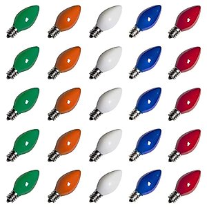 25 Pack C7 LED Multicolor Christmas Replacement Light Bulbs, C7 Vintage Multicolor Ceramic LED Bulbs for Christmas Outdoor Indoor String Lights, E12 Candelabra Base, 0.6 Watt, Saving Enengy LED Bulbs