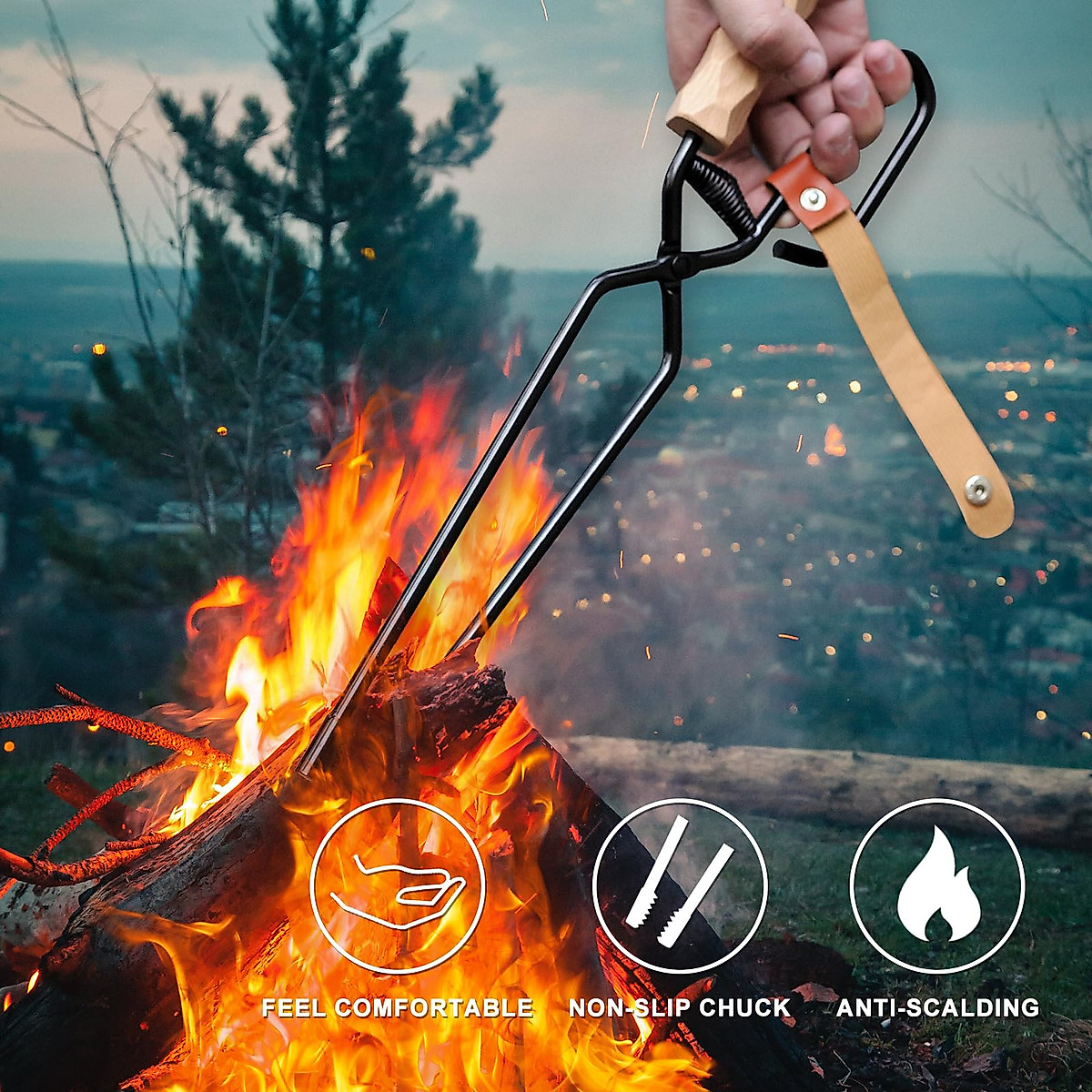 16'' Fireplace Tongs, Chiminea Tongs, Fire Tongs Firewood Grabber Tool with Scissor Shape Serrated, Log Claw Tongs for Bonfire Campfire Fire Pit Outdoor Indoor, Log Grabber Tongs Rustproof