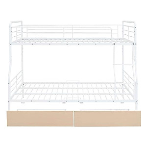 ATY Metal Bunk Bed Full XL Over Queen Size with 2 Drawers, Convertible Sturdy Bedframe w/Ladder and Guardrail, Can Seperated into 2Beds,No Box Spring Needed, for Kids, Teens, Adults, White