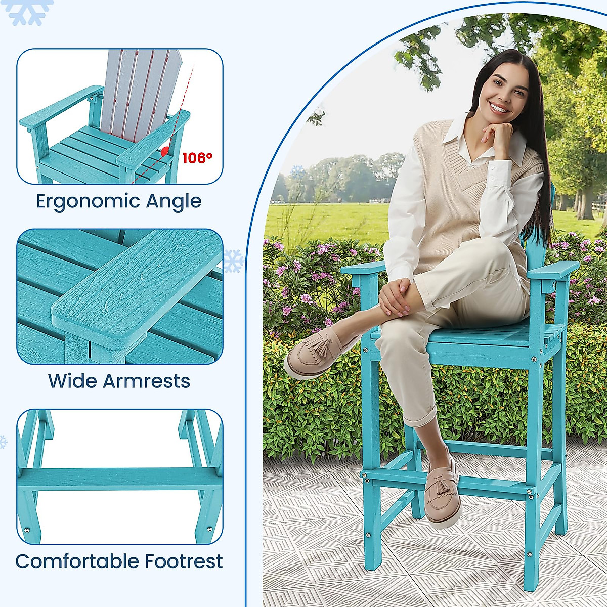 Tangkula Outdoor Tall Adirondack Chair 30 Inches Seat Height, HDPE Bar Height Patio Chair with High Backrest, Armrests and Footrest, Outdoor Bar Stool for Balcony Deck Garden Poolside (2, Turquoise)